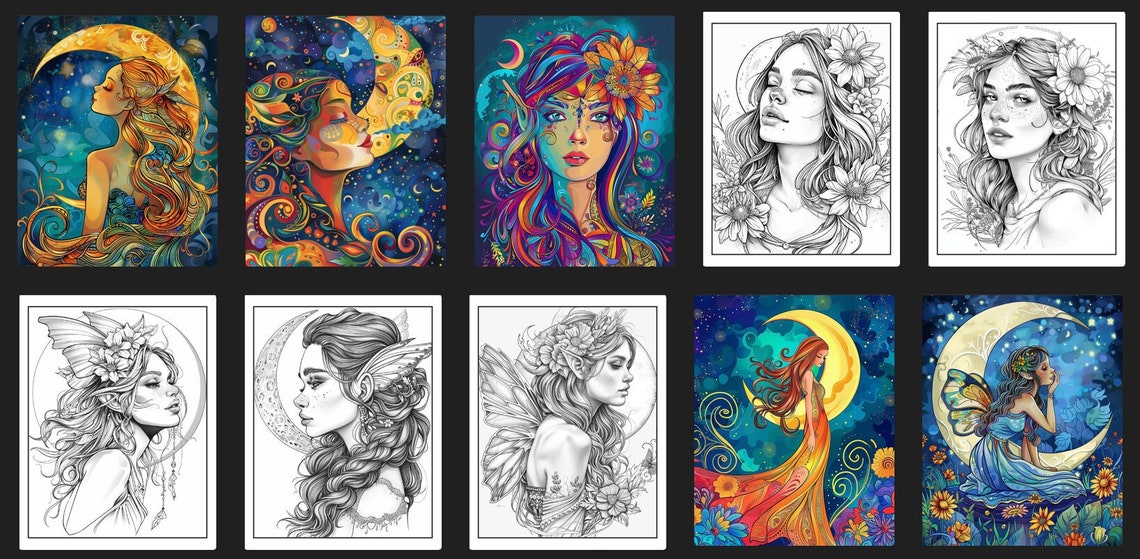 Best Seller 200 Moon Fairy Coloring Page for Kids and Adults Printable ...