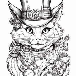 240 Steampunk Cat Coloring Pages for Kids and Adults Printable Digital ...