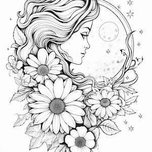 270 Moon and Flowers Coloring Pages - Adults and Kids Coloring Pages ...