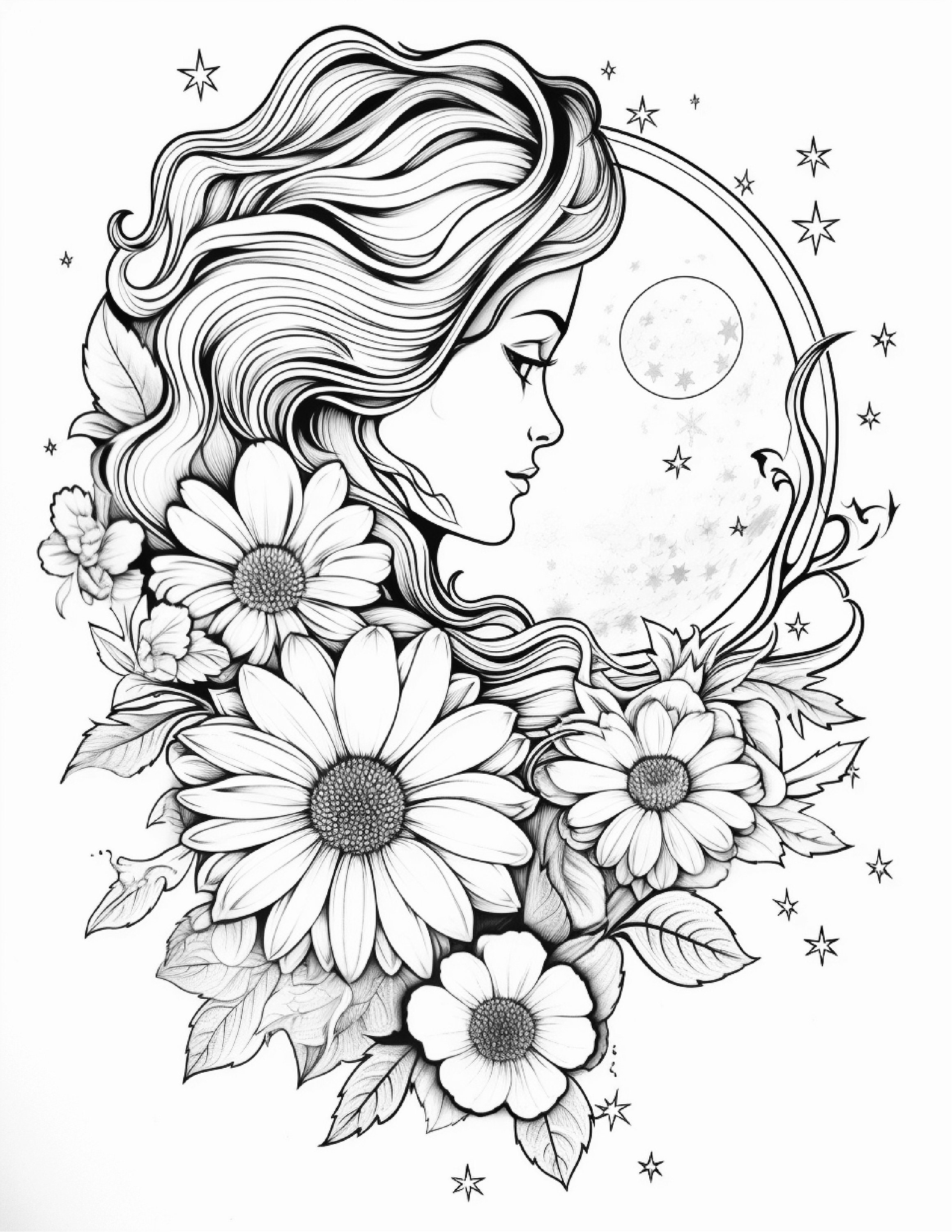 270 Moon and Flowers Coloring Pages - Adults and Kids Coloring Pages ...