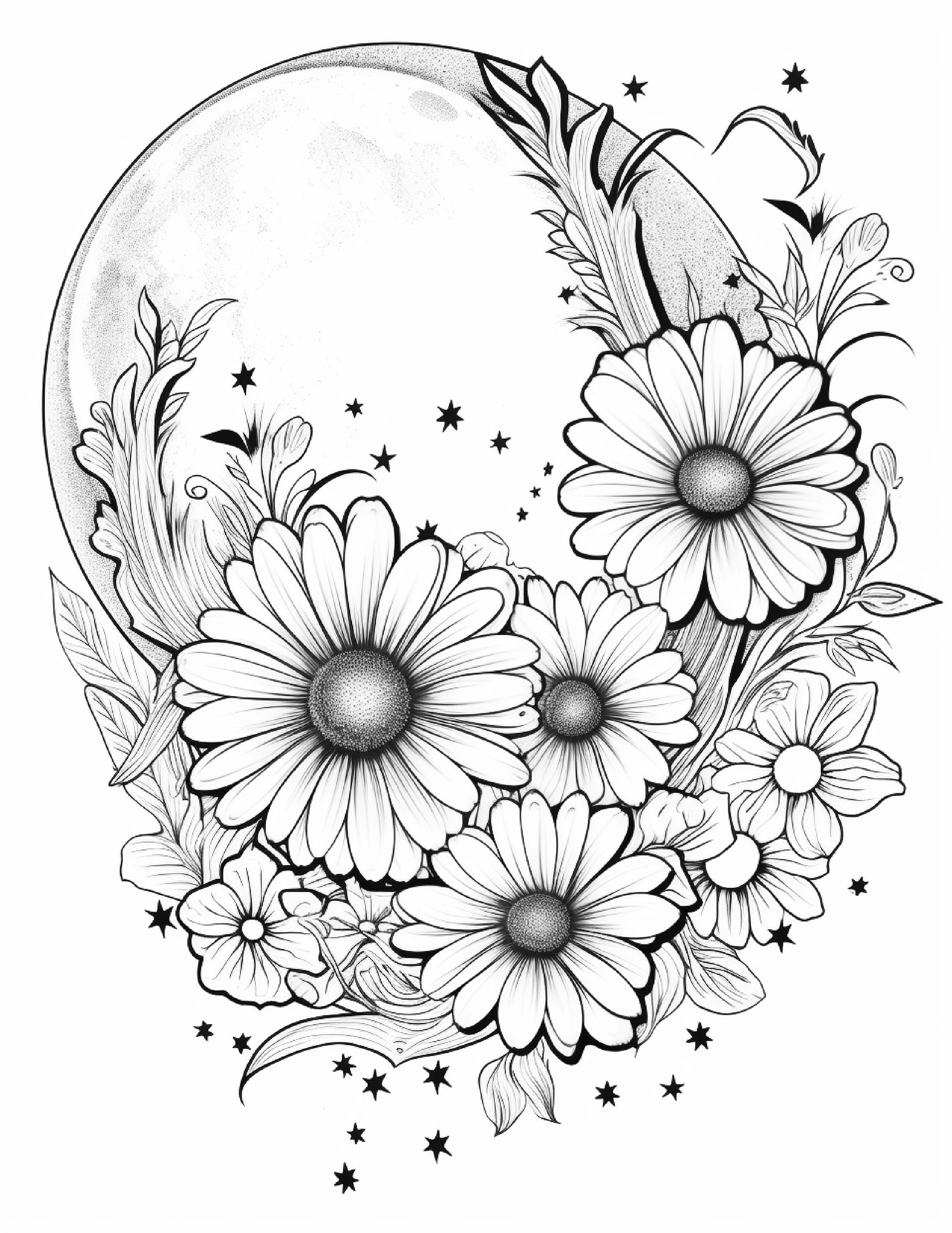 270 Moon and Flowers Coloring Pages - Adults and Kids Coloring Pages ...