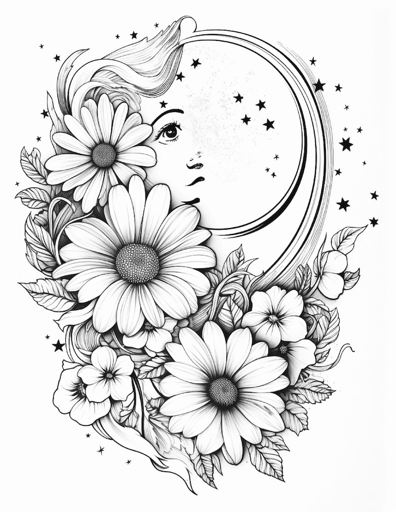 270 Moon and Flowers Coloring Pages - Adults and Kids Coloring Pages ...