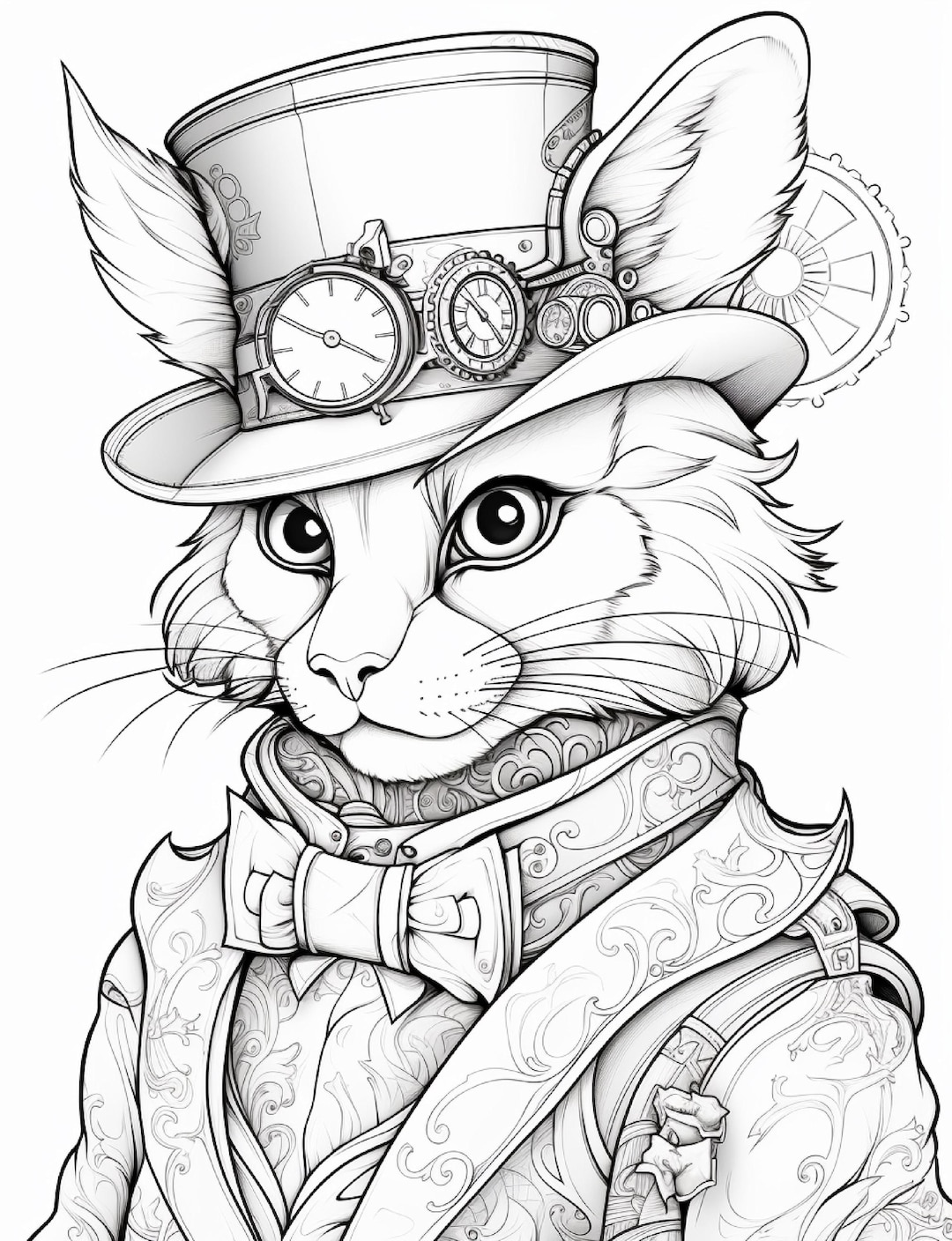 240 Steampunk Cat Coloring Pages for Kids and Adults Printable Digital ...