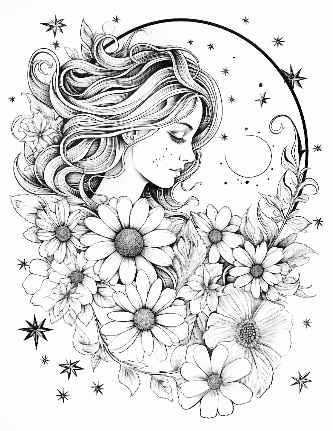 270 Moon and Flowers Coloring Pages - Adults and Kids Coloring Pages ...