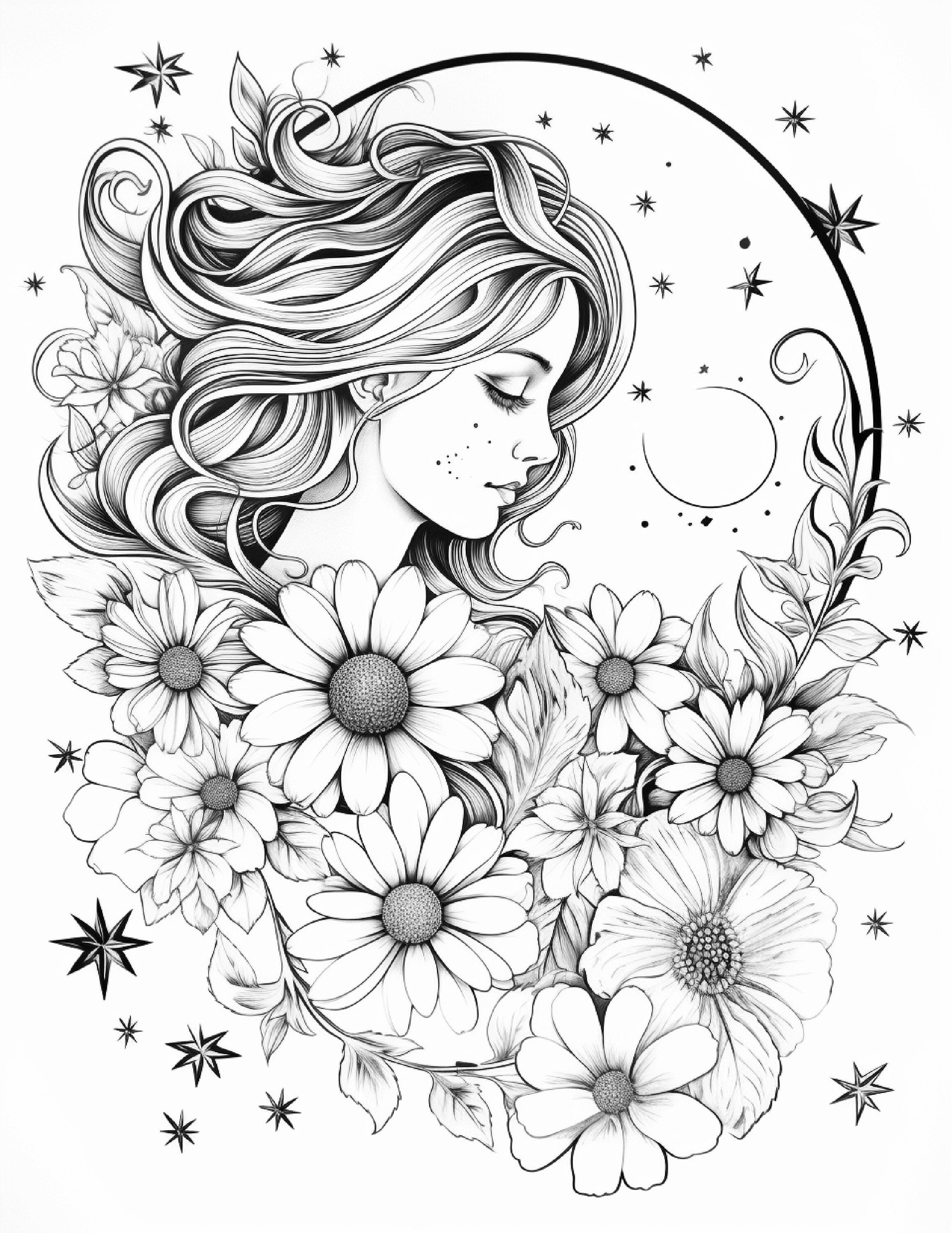 270 Moon and Flowers Coloring Pages - Adults and Kids Coloring Pages ...