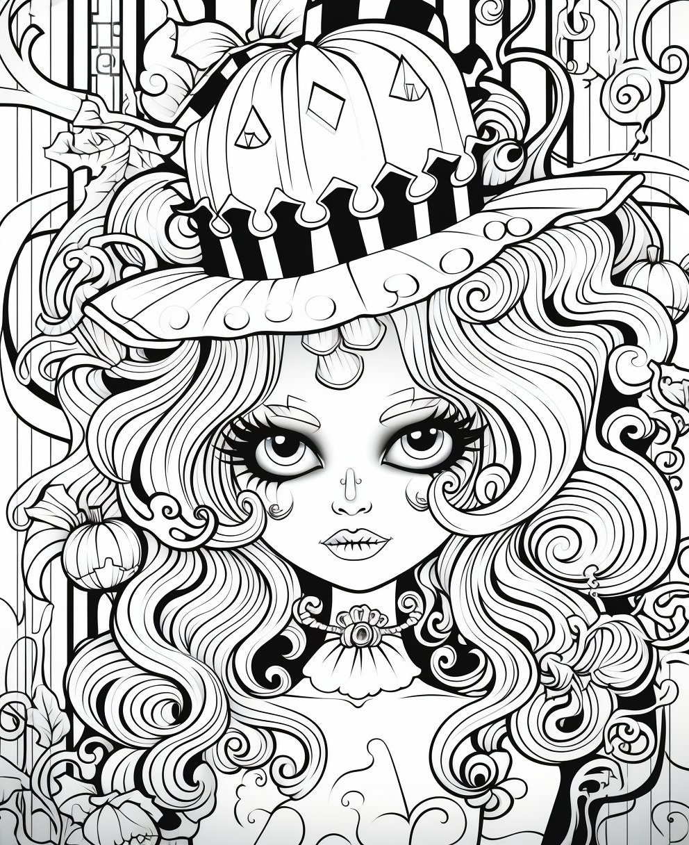 Halloween 20 Spooky Girls Coloring Pages for Adults & Kids Coloring ...