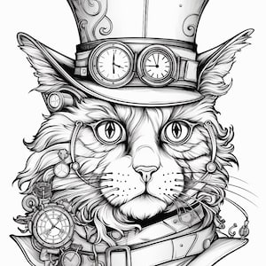 240 Steampunk Cat Coloring Pages for Kids and Adults Printable Digital ...