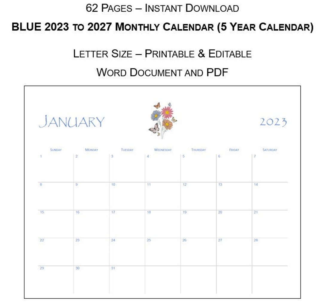 Printable Calendar, Blue Editable Fairy Calendar 2023 to 2027 Monthly ...