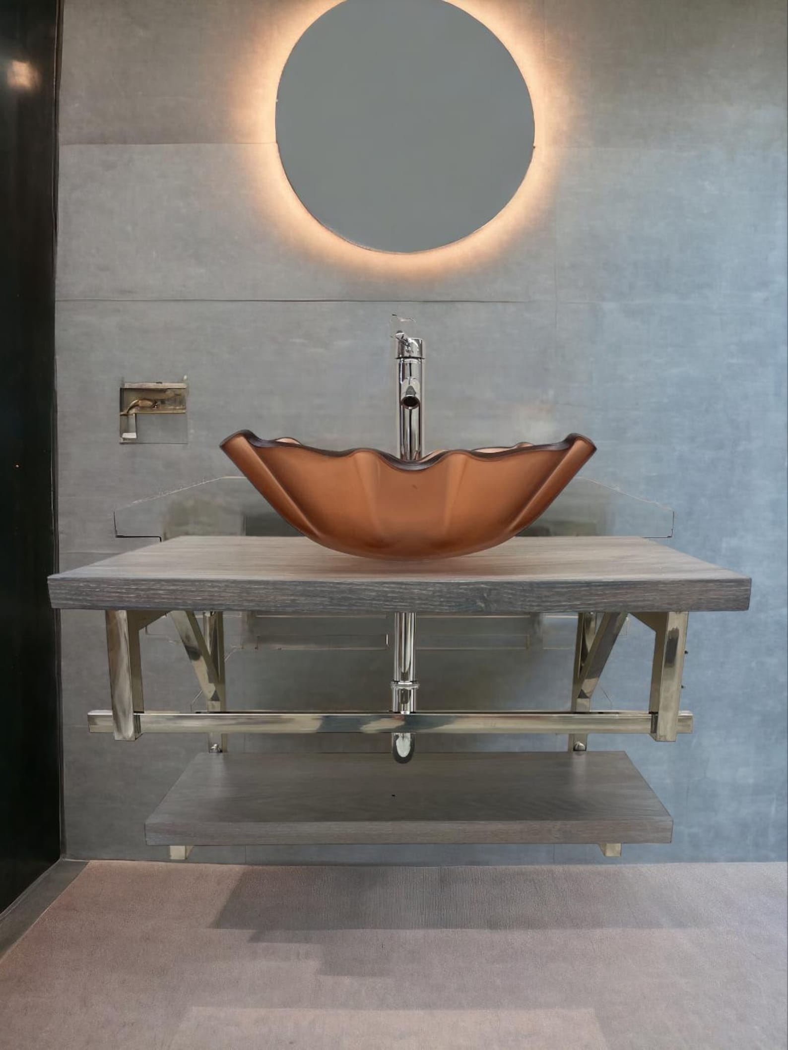 Floating Bathroom Vanity Set, Wavy Tempered Glass Sink, Weathered Wood ...