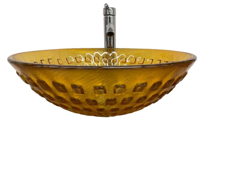 Weathered Finish Wood and Amber Embossed Tempered Glass Sink Floating ...