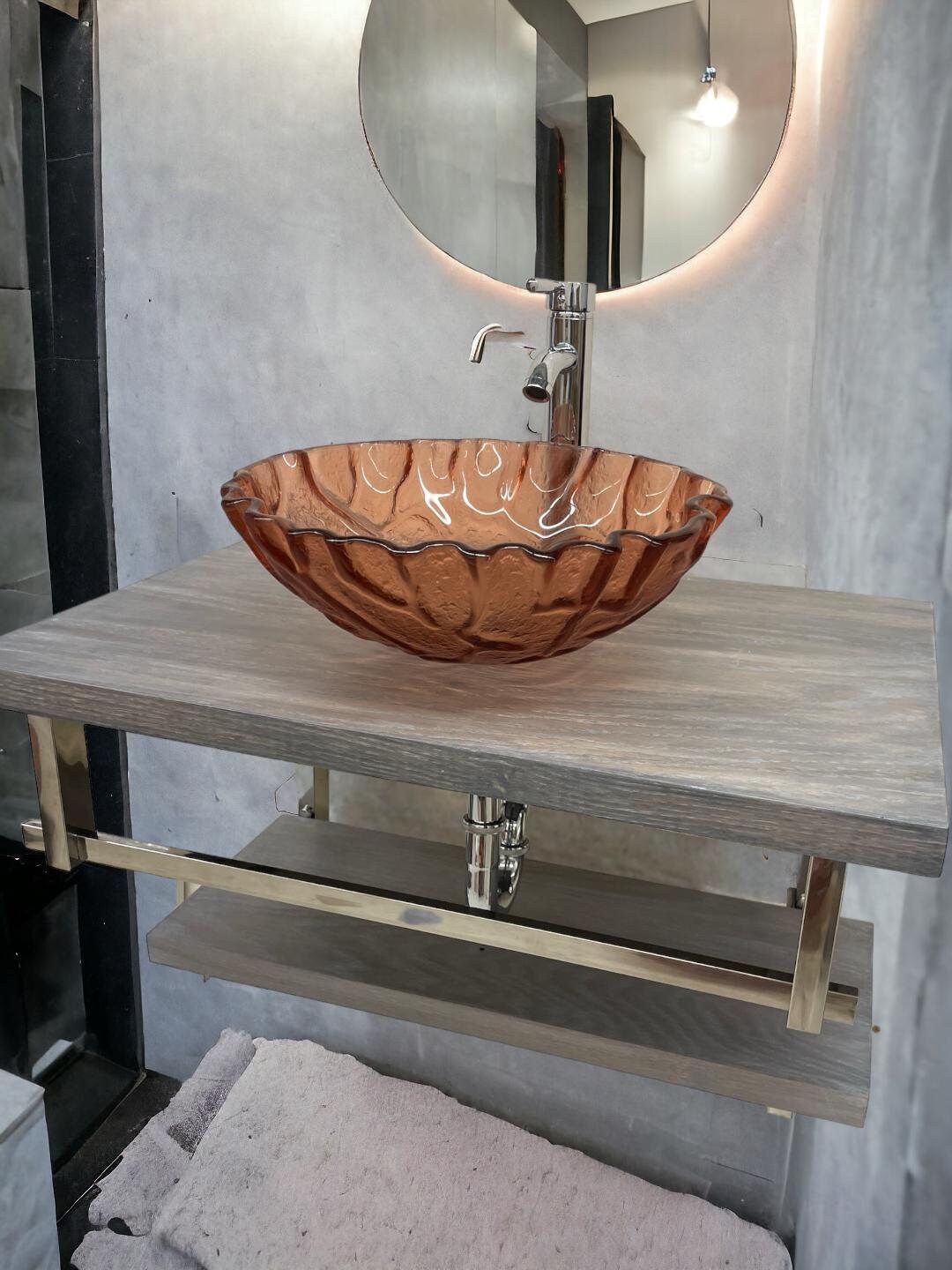 Floating Bathroom Vanity Set, Wavy Tempered Glass Sink, Weathered Wood ...