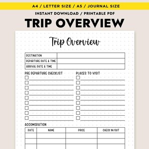 Printable Trip Overview Travel Planner Summary Sheet Instant Download ...