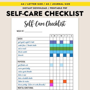 Weekly Self Care Checklist Printable Journal Page Health Tracker Water ...