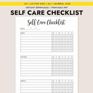 Weekly Self Care Checklist Printable Basic Physical Mental Wellness Log A4 A5 Letter PDF - Etsy ...