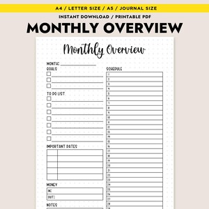 Monthly Overview Planner Printable A4 A5 Letter Journal Sizes Instant ...