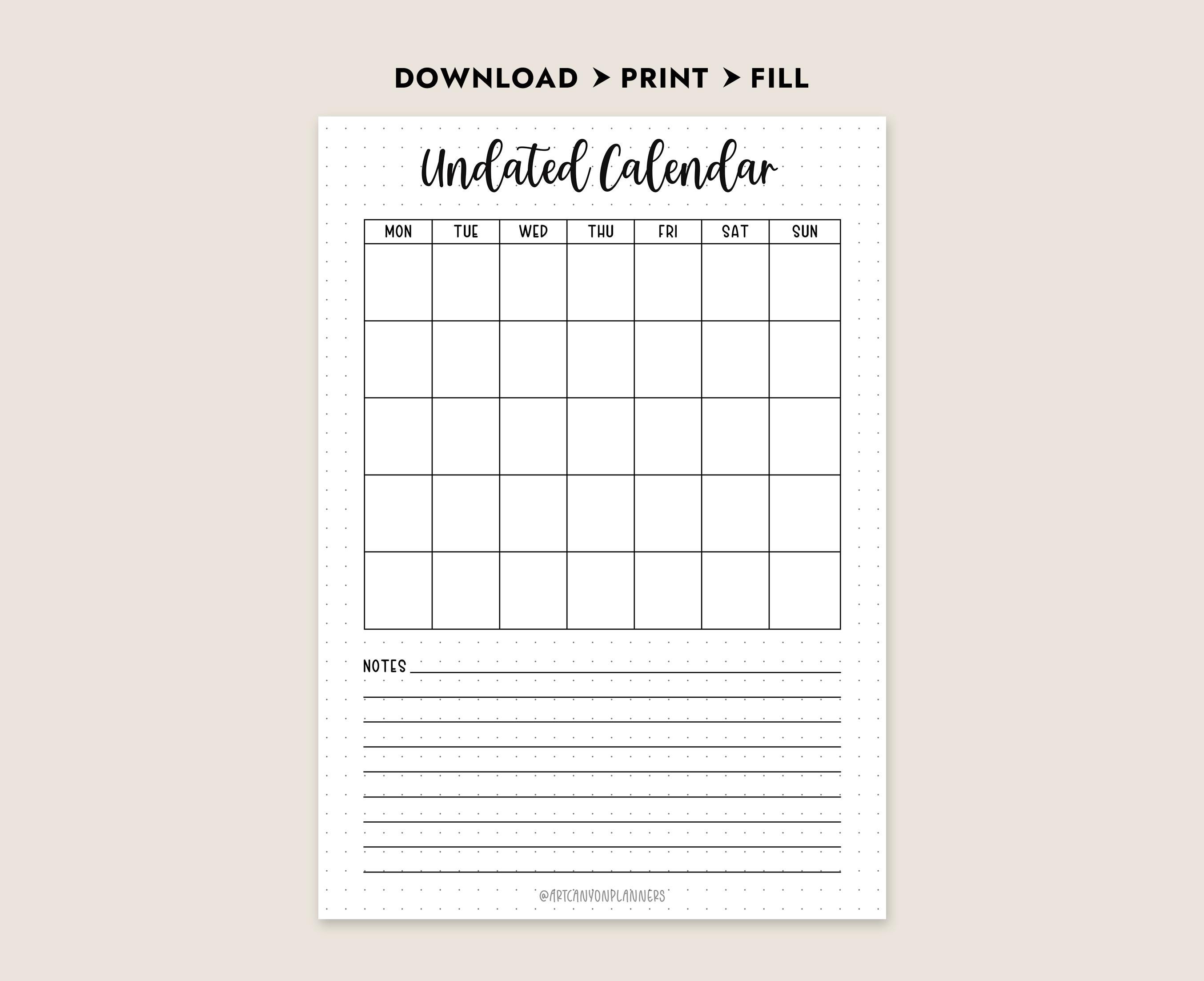 Undated Calendar Printable PDF Instant Download A4 Letter A5 Journal ...