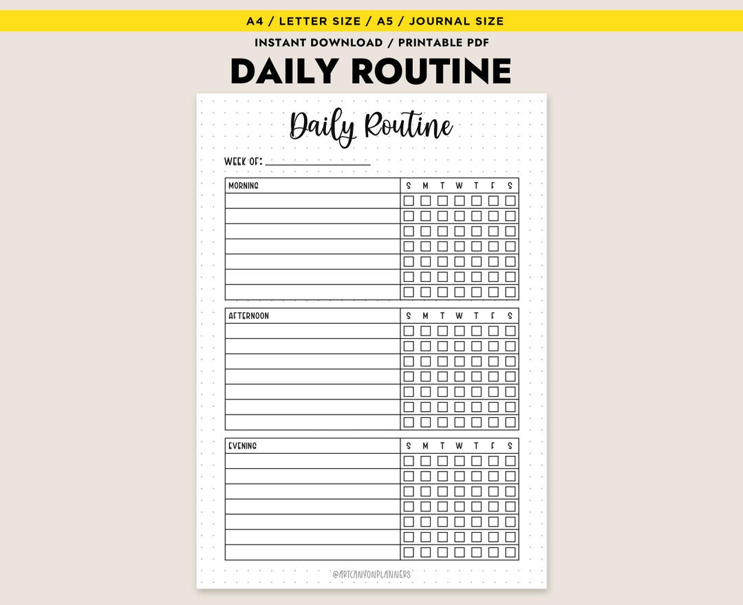 Daily Routine Planner Printable PDF A4 A5 Letter Journal Size Weekly ...