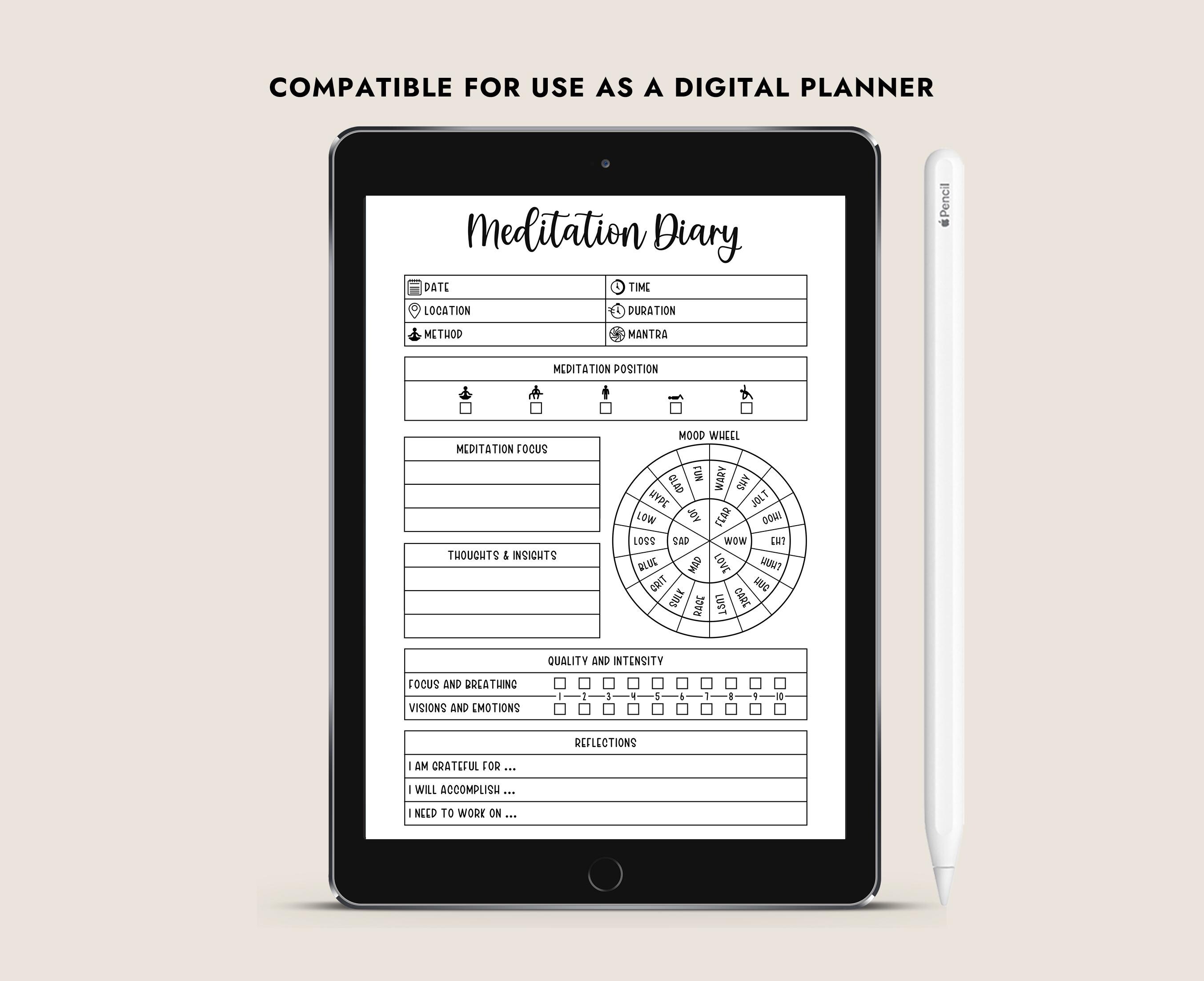 Meditation Diary Printable Mindfulness Log Mood Wheel Journal A4 A5 ...