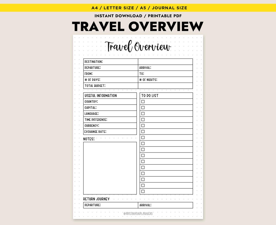 Printable Travel Overview Planner Destination Info Sheet Instant ...