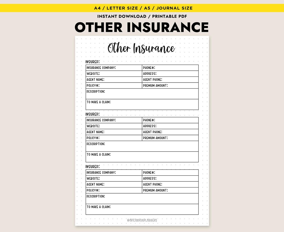 Other Insurance Printable Planner Insert A4 A5 Letter Journal Size PDF ...