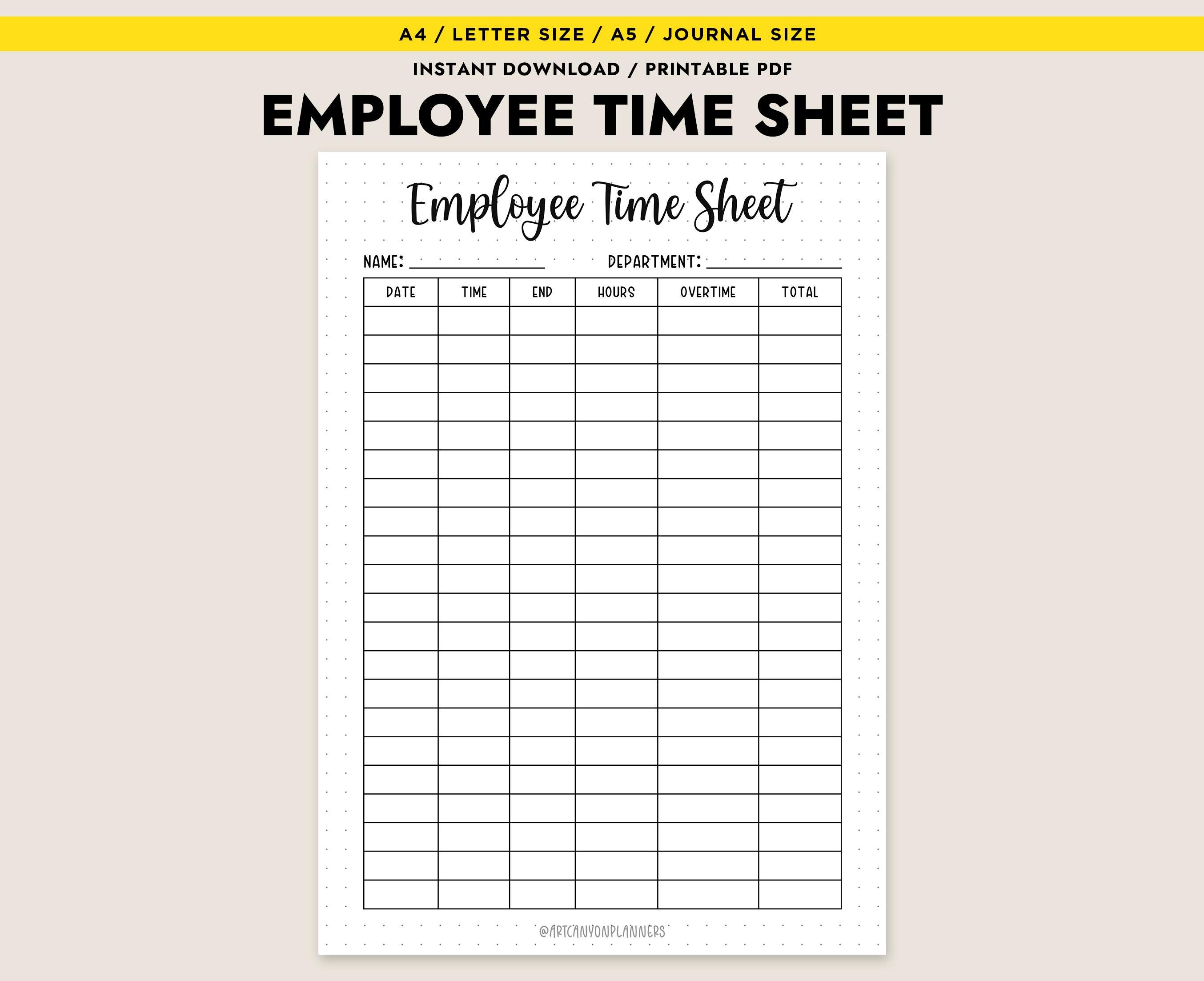 Employee Time Sheet Printable Payroll Log Weekly Timecard Template Work ...