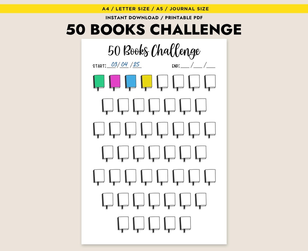 50 Books Challenge Reading Tracker Printable Journal Page Planner Book ...