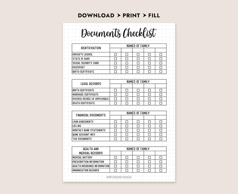 Printable Documents Checklist Important Family Papers Organizer Planner ...