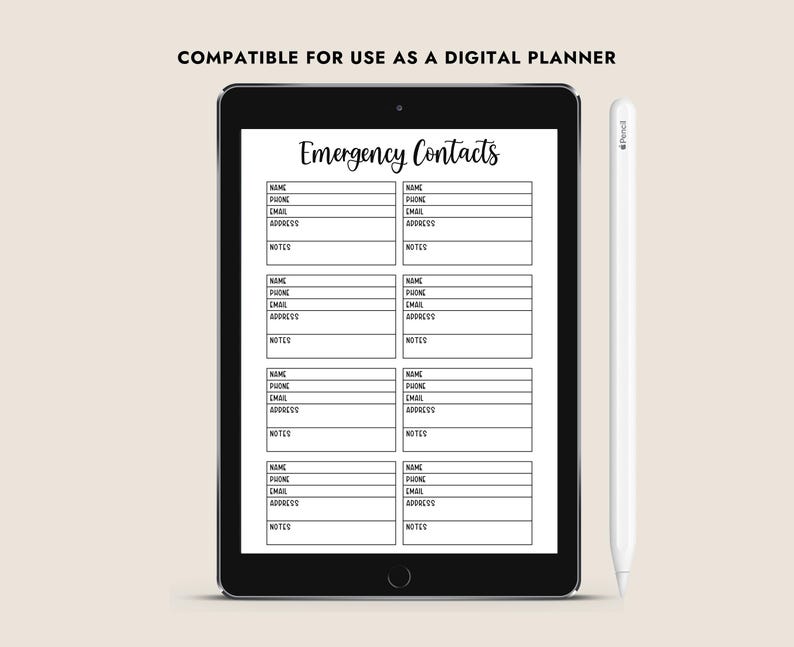 Printable Emergency Contacts List Address Book Insert Travel Safety ...