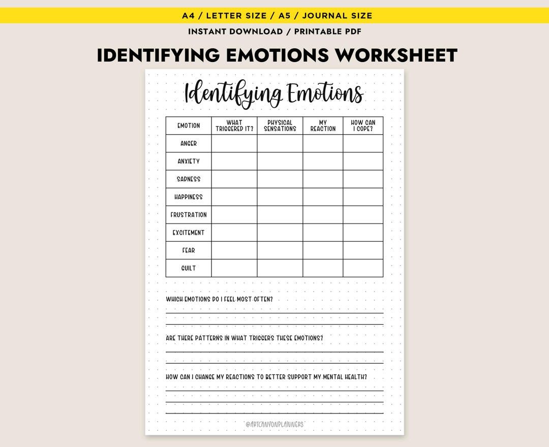 Identifying Emotions Worksheet Printable Feelings Log Self Care Journal ...