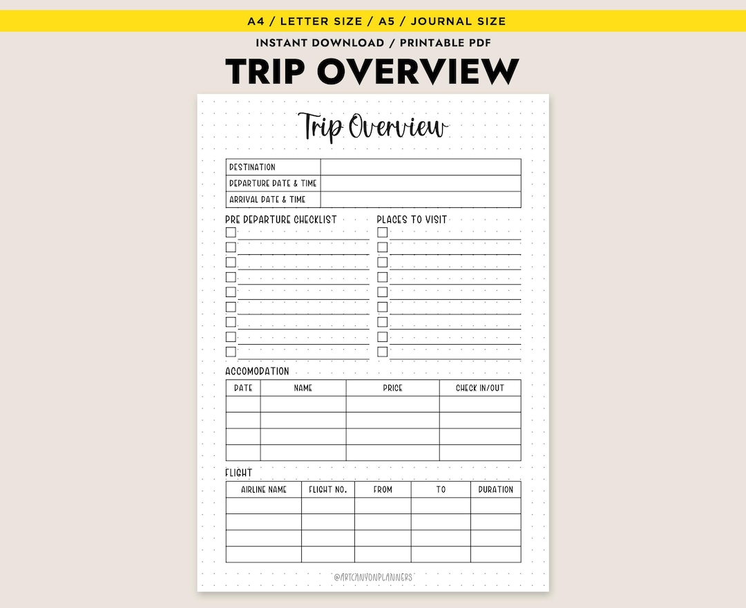 Printable Trip Overview Travel Planner Summary Sheet Instant Download ...