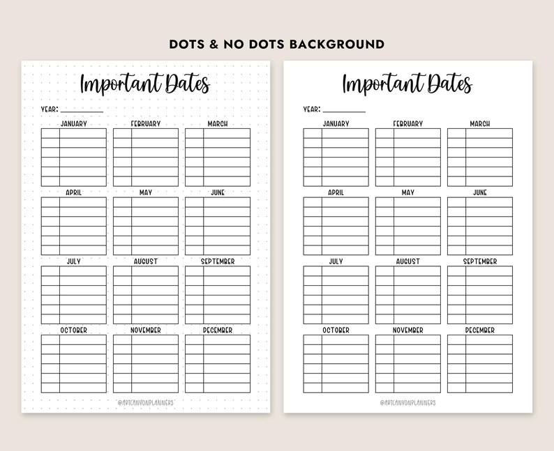 Printable Important Dates Yearly Tracker Annual Overview A4 Letter A5 ...