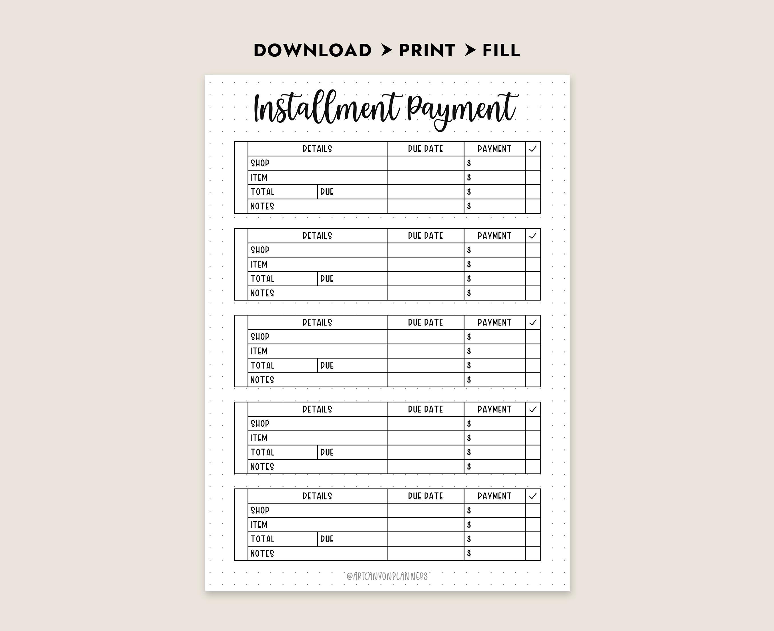 Printable Installment Payment Tracker A4 Letter A5 Bill Log Finance ...