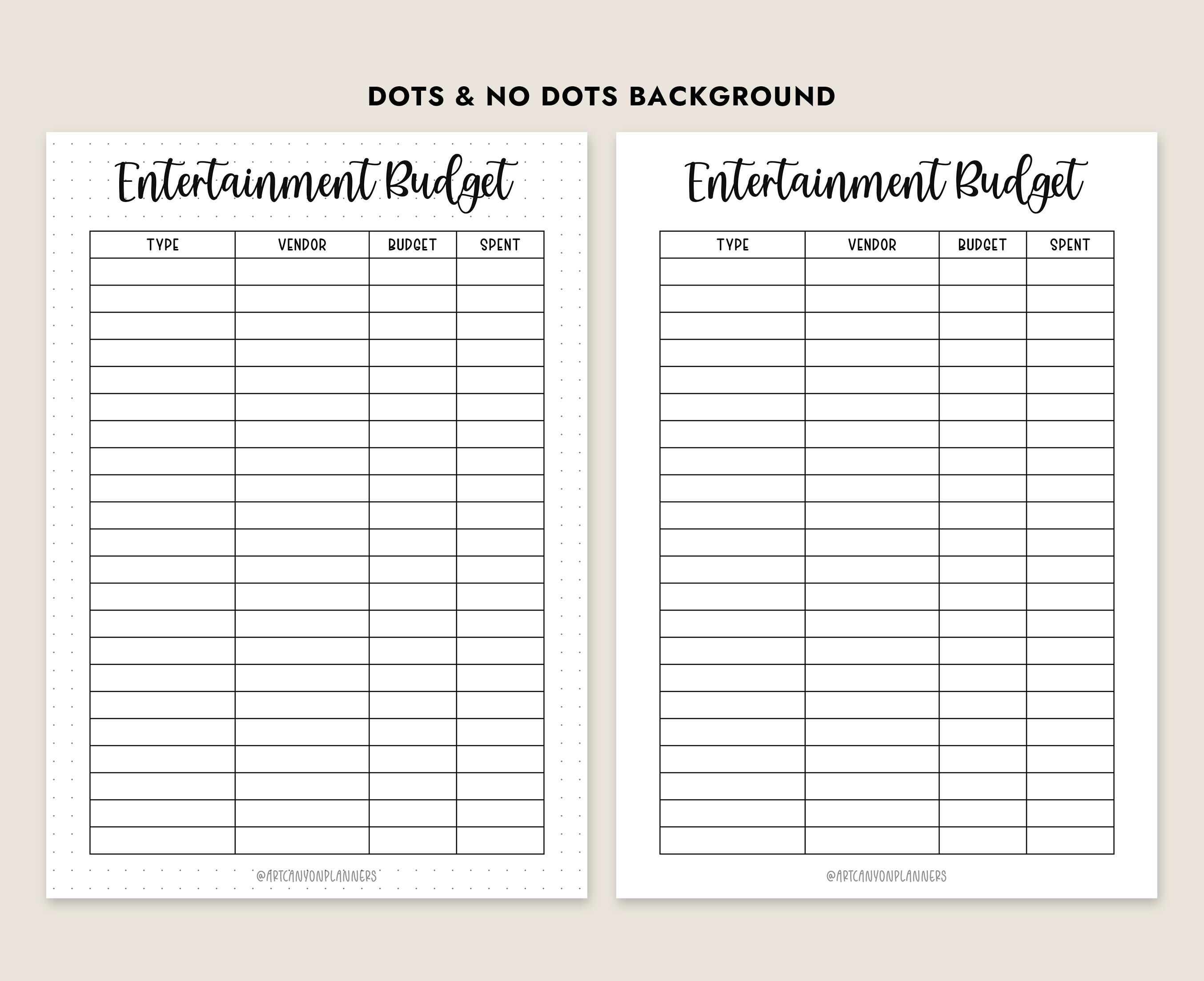 Entertainment Budget Printable A4 Letter A5 Journal Size Instant ...