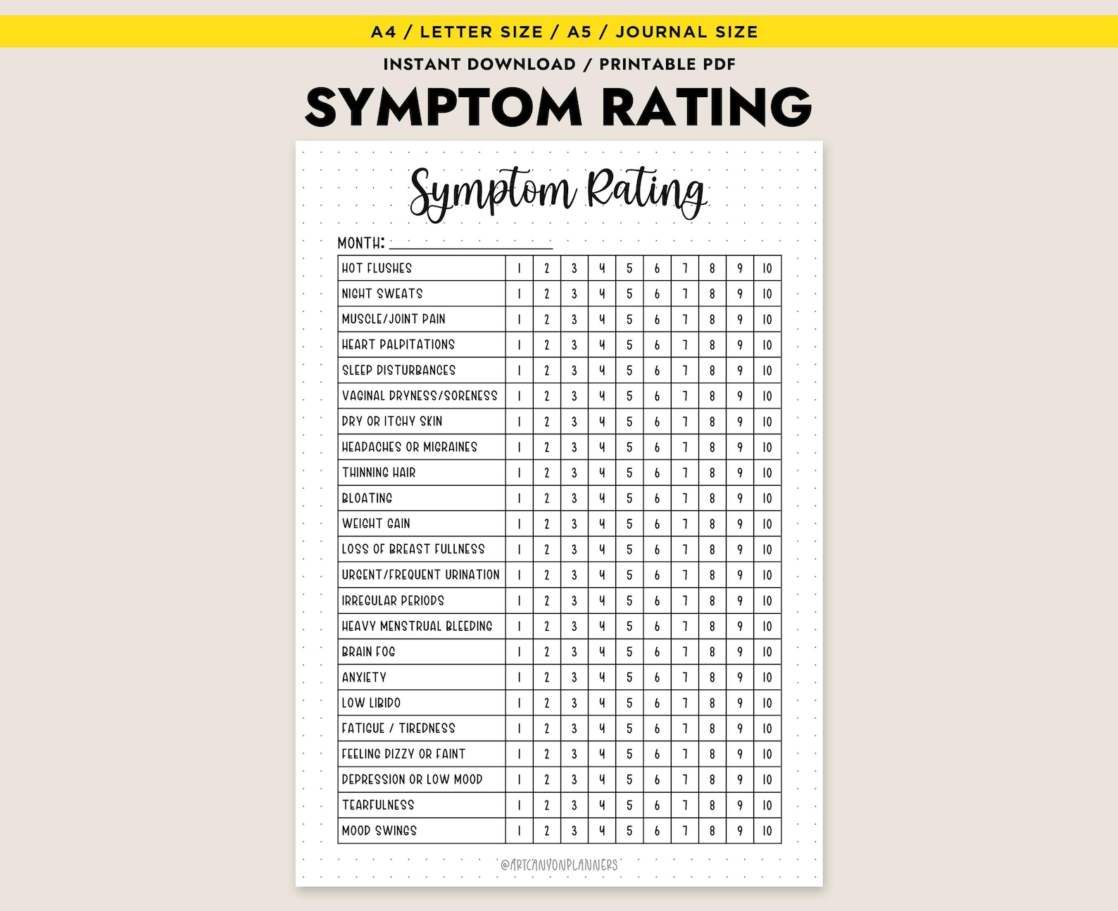Symptom Rating Tracker Printable Daily Health Log Menopause ...