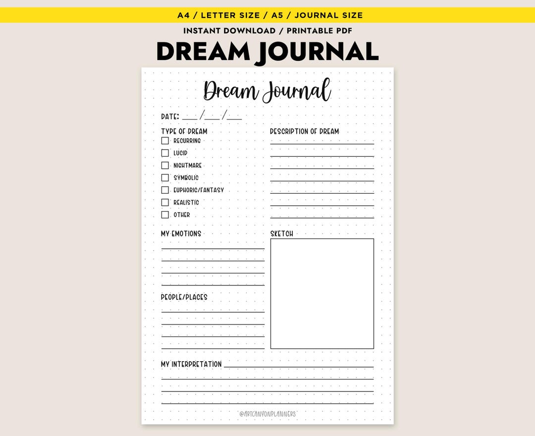 Printable Dream Journal Page Log Template PDF Instant Download Sleep ...
