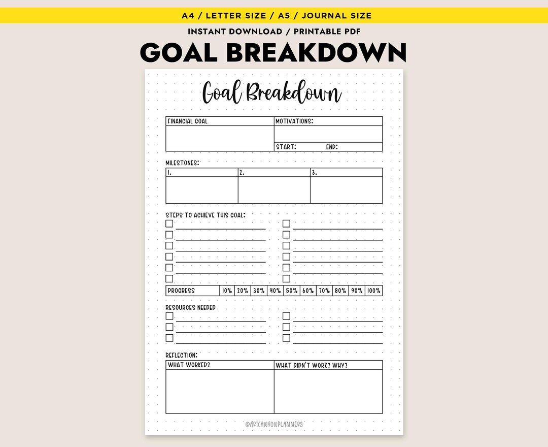Goal Breakdown Planner Template PDF Goal Tracker Worksheet Milestone ...
