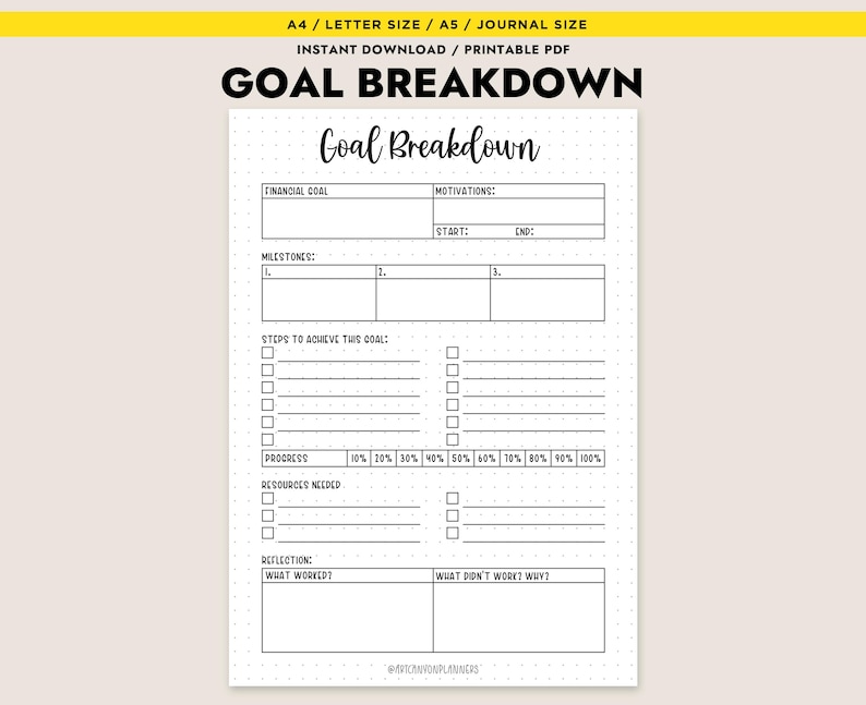 Goal Breakdown Planner Template PDF Goal Tracker Worksheet Milestone ...