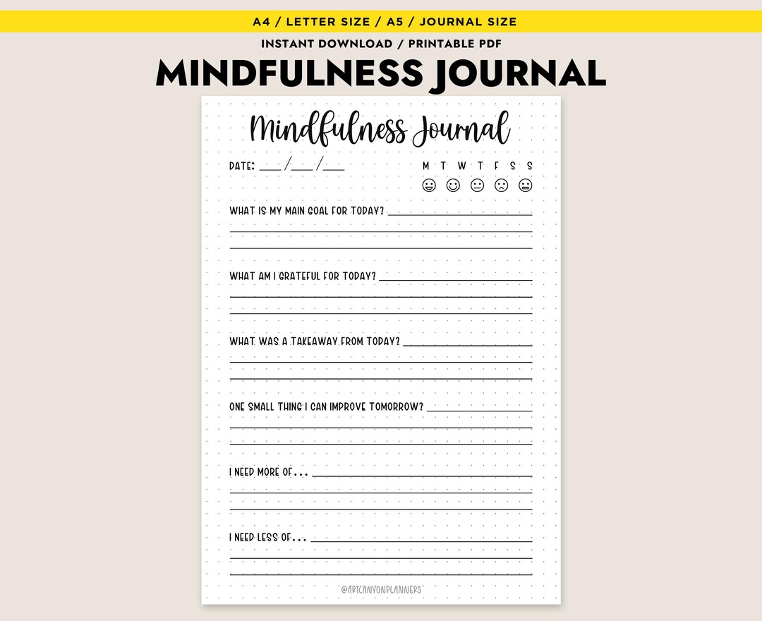 Mindfulness Journal Printable Daily Planner A4 A5 Letter Half Instant ...