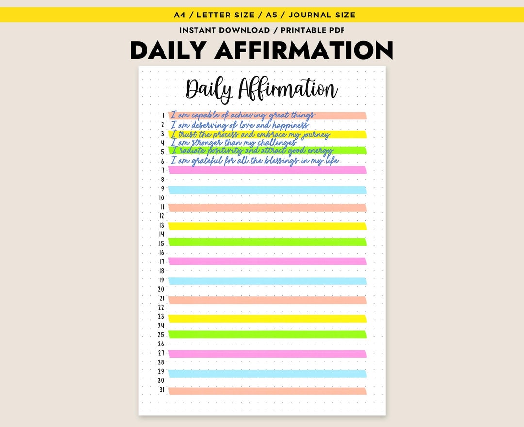 Daily Affirmation Tracker Printable Journal Page Gratitude Tracker ...