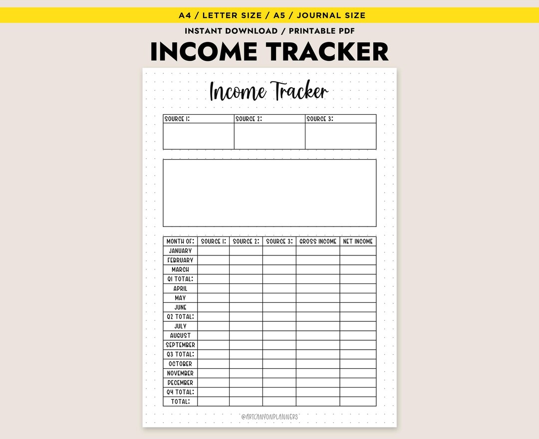 Annual Income Tracker Printable Multiple Sources Monthly & Quarterly ...