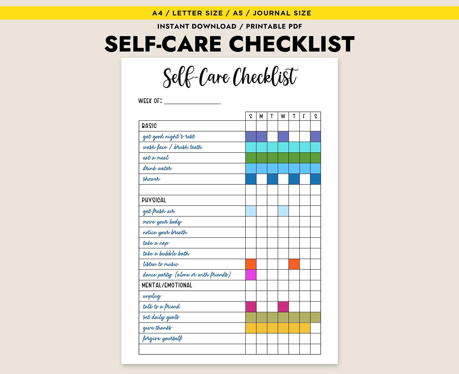 Weekly Self Care Checklist Printable Journal Page Health Tracker Water ...