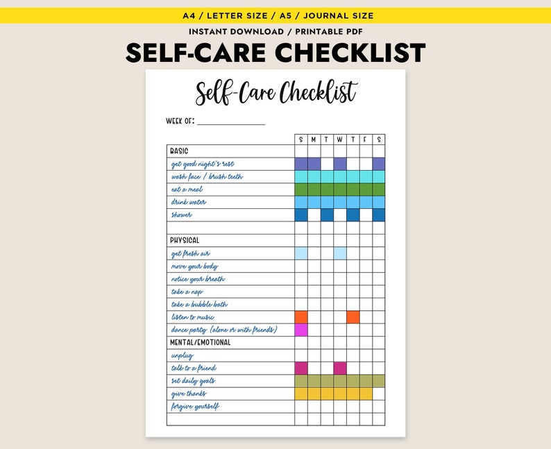 Weekly Self Care Checklist Printable Journal Page Health Tracker Water ...