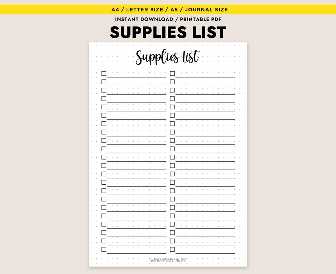 Printable Supplies List Template Instant Download Supplies Checklist A4 ...