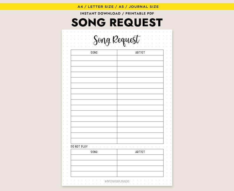 Song Request Form Printable Music Playlist Planner DJ Event Party ...