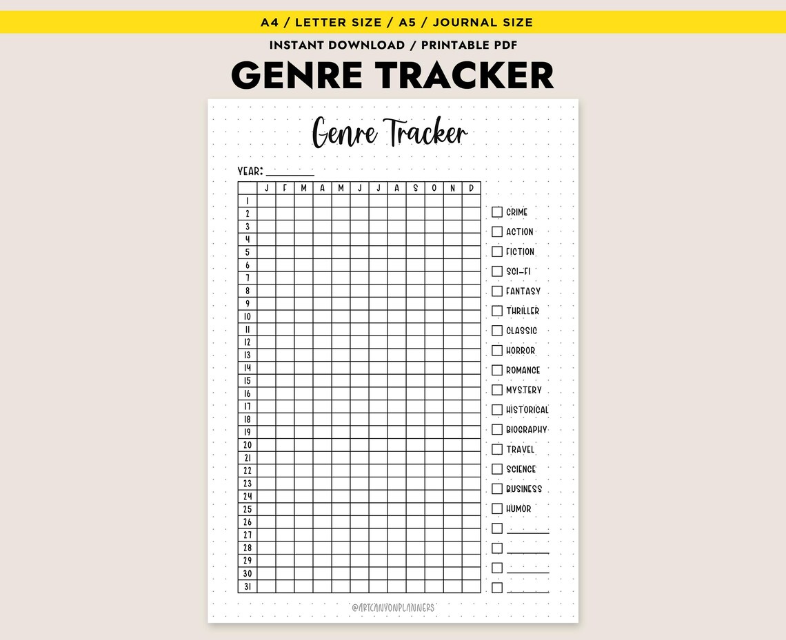 Genre Tracker Printable Reading Journal Page Bookworm Planner Insert A4 ...