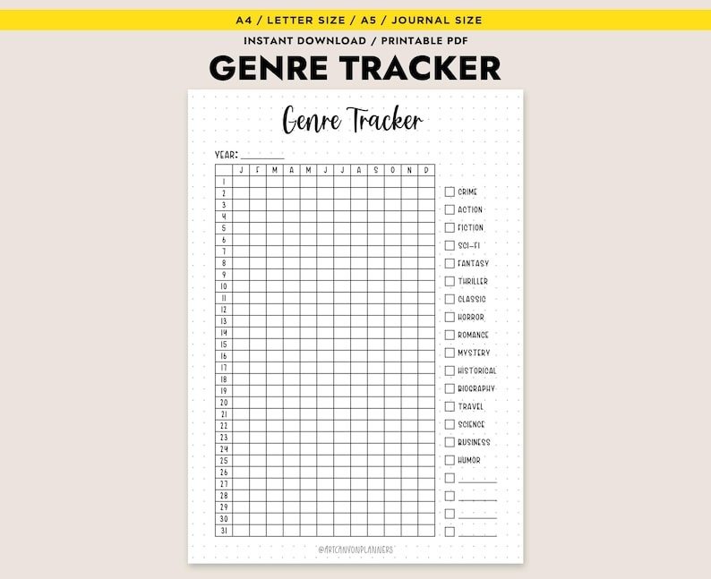 Genre Tracker Printable Reading Journal Page Bookworm Planner Insert A4 ...