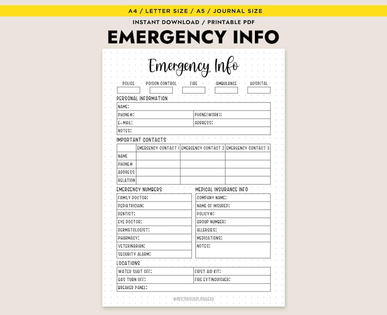 Emergency Info Printable Contact List Medical Form A4 A5 Letter Planner ...