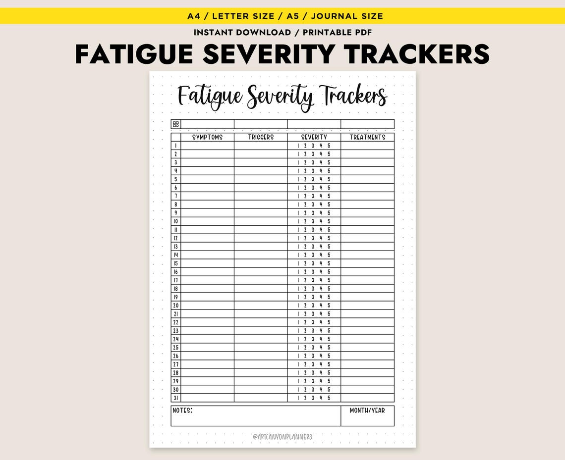 Fatigue Severity Tracker Printable Health Log Symptom Trigger PDF ...