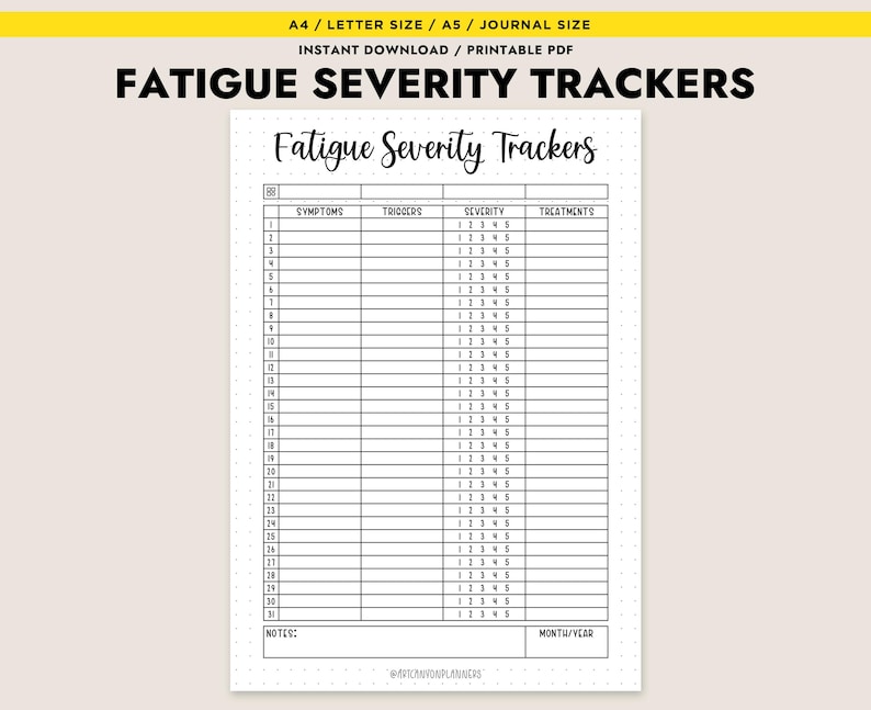 Fatigue Severity Tracker Printable Health Log Symptom Trigger PDF ...