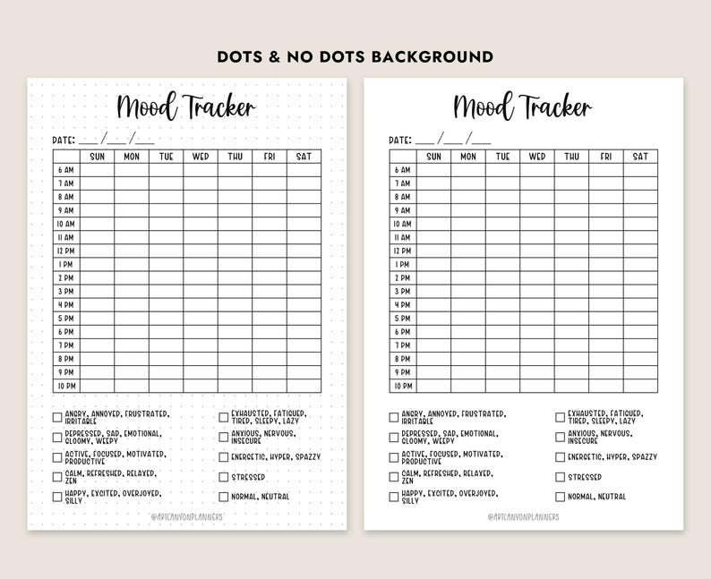 Weekly Mood Tracker Printable Hourly Mental Health Log Feelings Chart ...